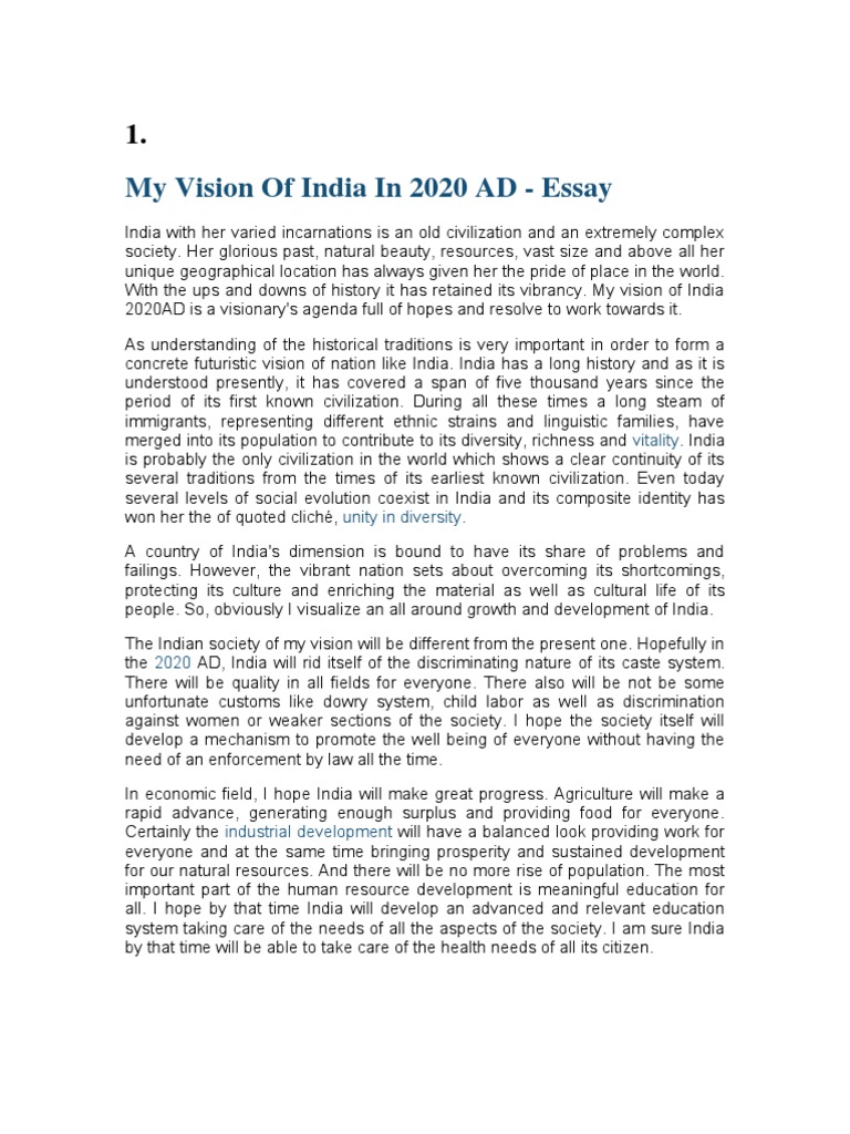 My Vision of India in 2020 AD - Essay: Vitality | PDF ...
