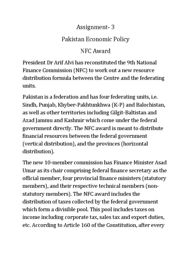 Assignment-3 Pakistan Economic Policy NFC Award | PDF