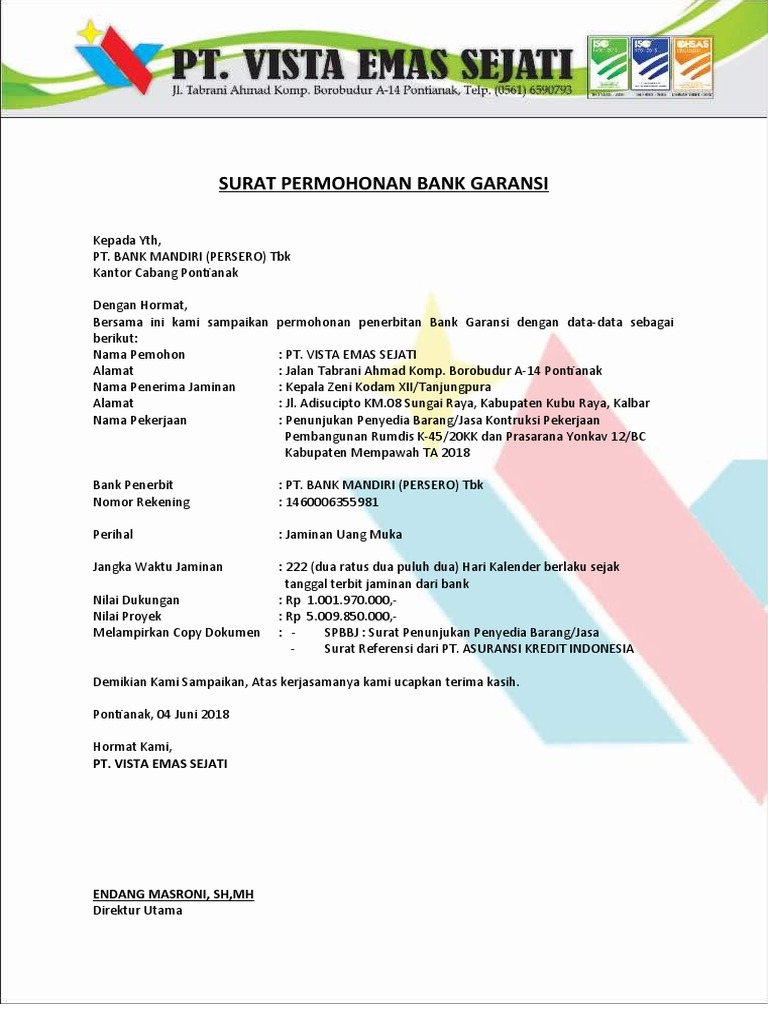 Permohonan Bank Garansi PT. Vista Emas | PDF