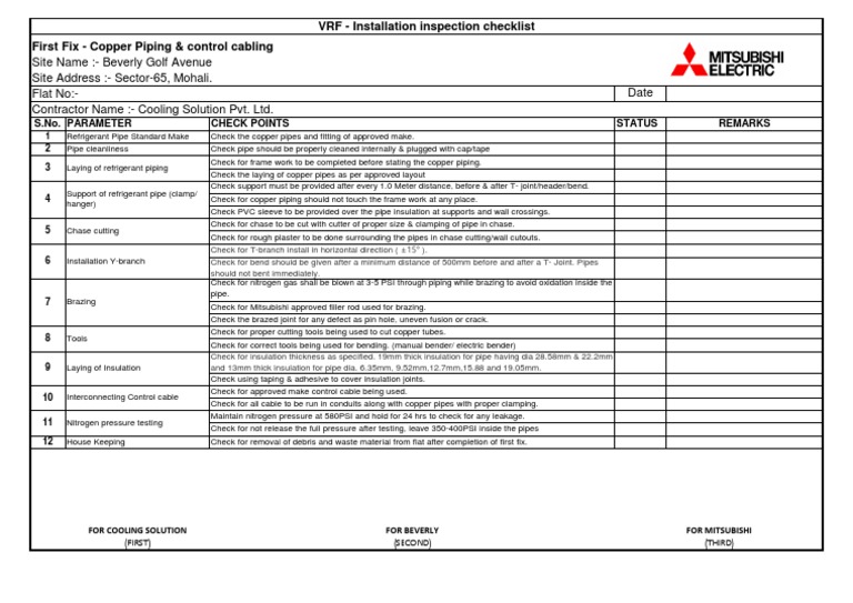 VRF Copper Piping Installation Checklist | PDF | Pipe (Fluid Conveyance ...