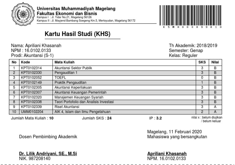 Kartu Hasil Studi (KHS) : Universitas Muhammadiyah Magelang Fakultas ...
