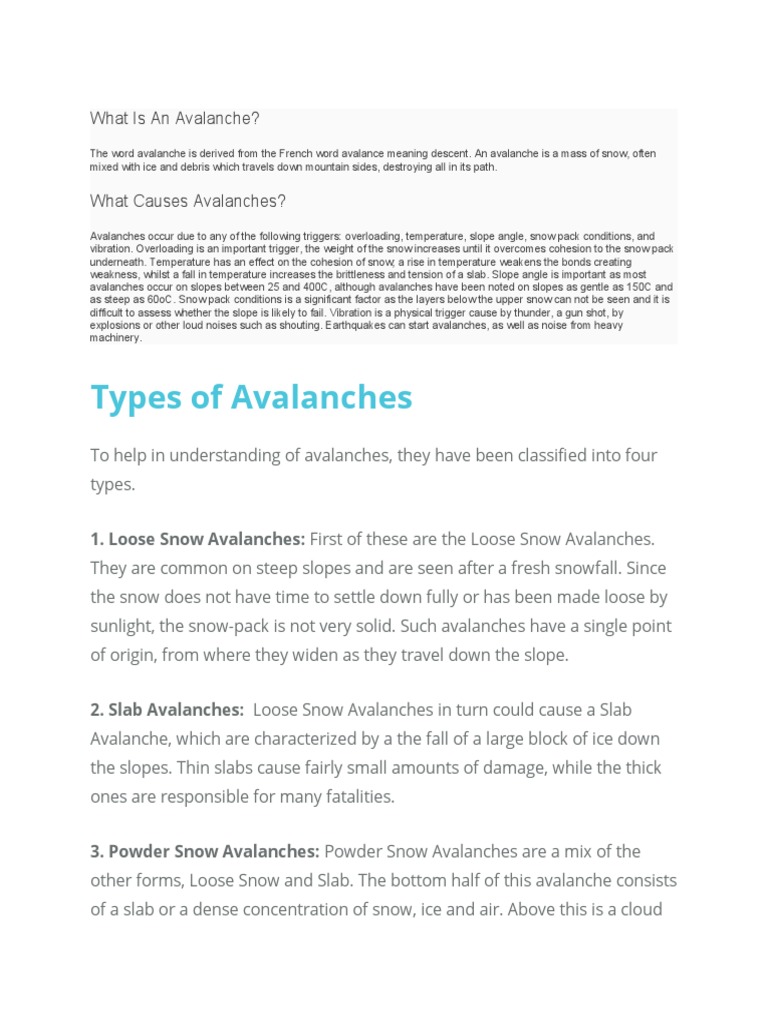 Types, Causes and Effects of Avalanche | PDF | Snow | Earth Phenomena