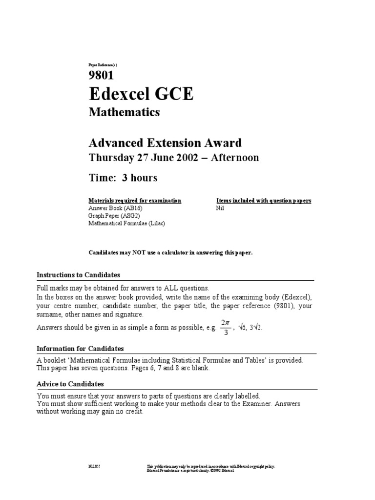 Edexcel GCE: 9801 Mathematics Advanced Extension Award | PDF ...