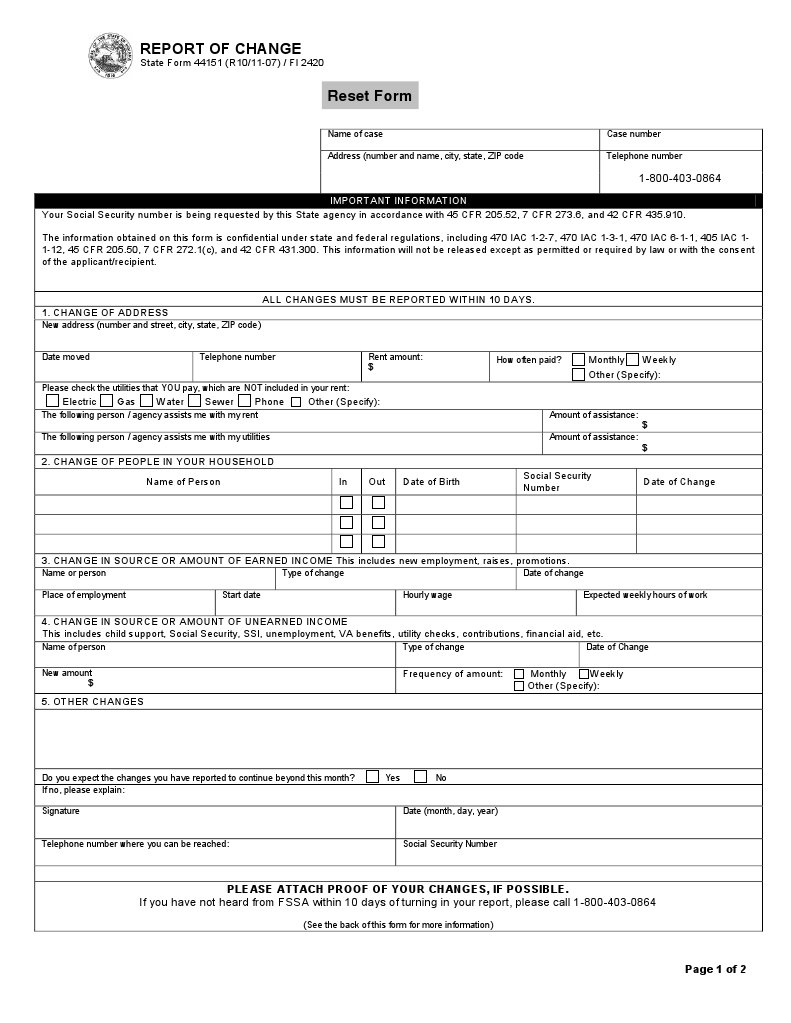 Report Of Change: Reset Form