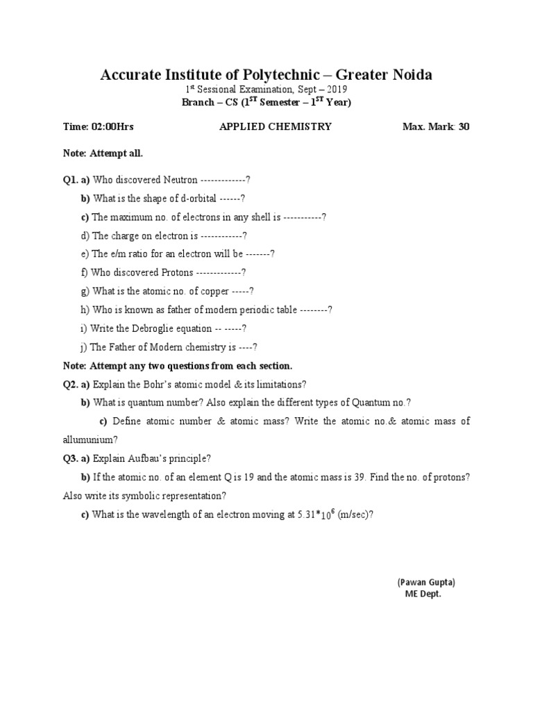 Chemistry Paper-1 2019 | PDF