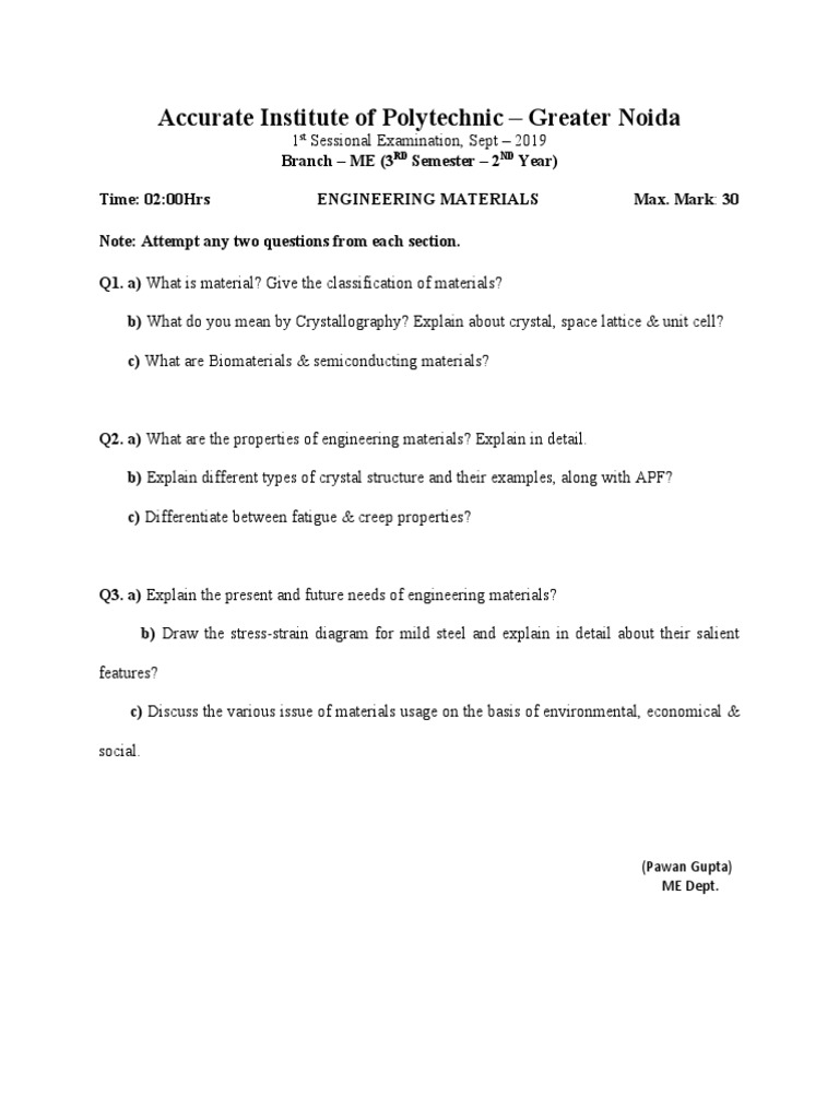 Engineering Materials Exam Questions | PDF