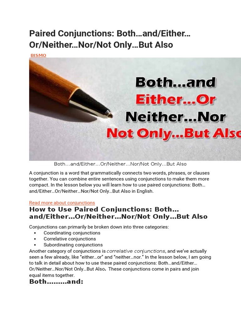 Paired Conjunctions: Both And/either Or/Neither Nor/Not Only But Also ...