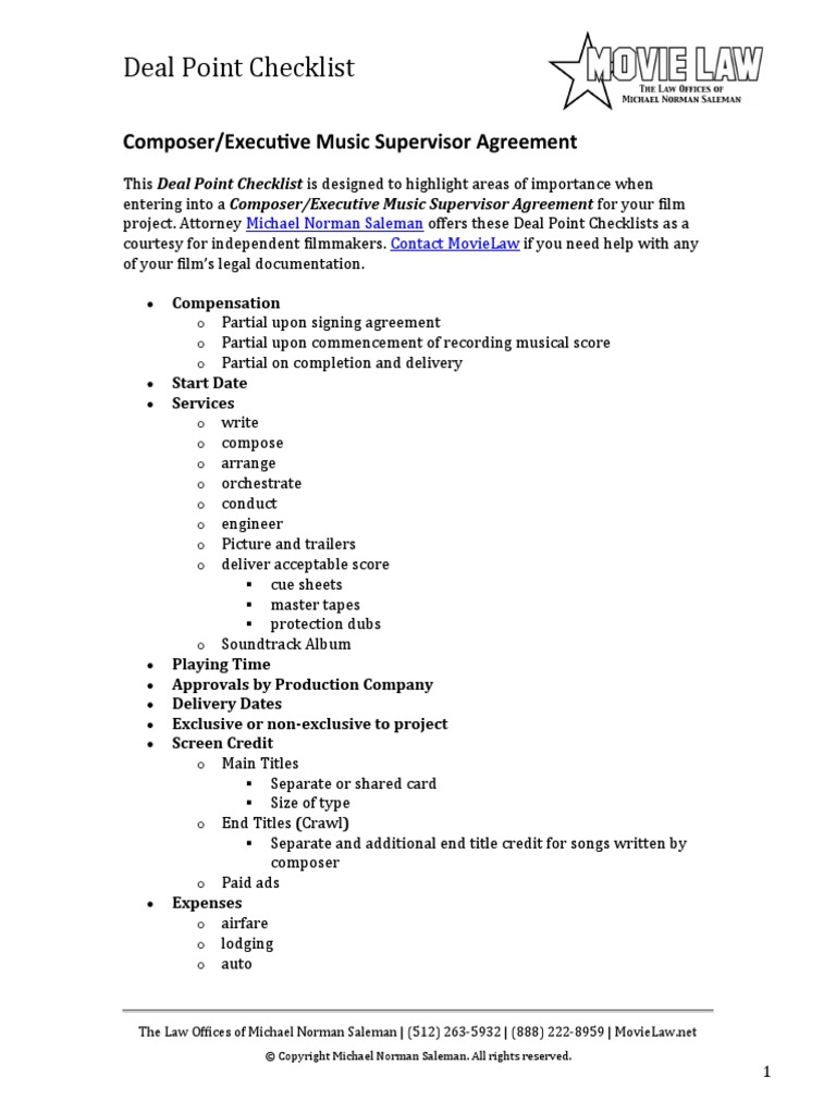 Deal Point Checklist: Composer/Executive Music Supervisor Agreement | PDF