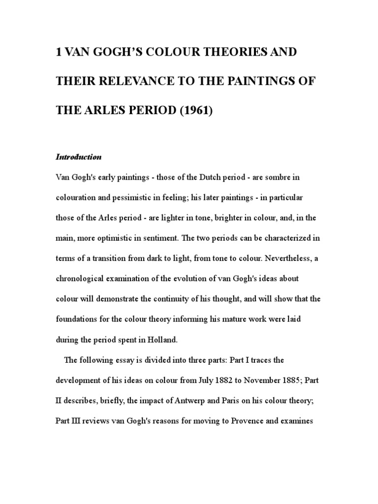 Van Gogh's Colour Theories and Their Relevance To The Arles Period ...