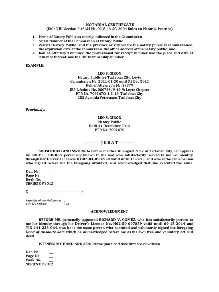 Requirements for a Notarial Certificate and Examples of a Jurat and ...