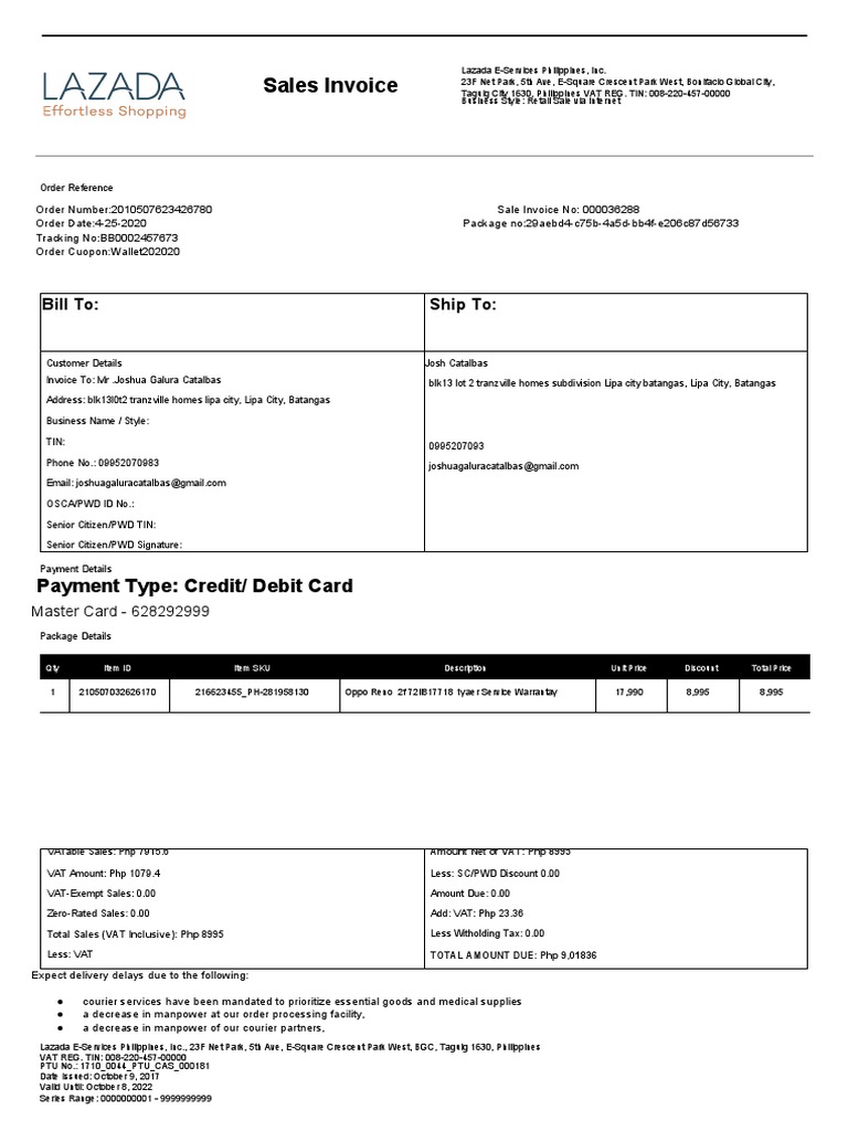 Lazada Invoice Sale Oppo Phone Warranty | PDF | Value Added Tax | Invoice