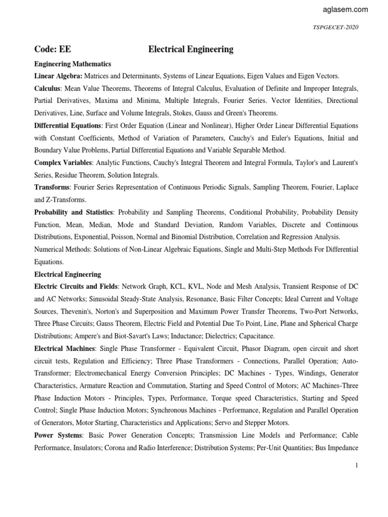 TS PGECET 2020 Syllabus Electrical Engineering | PDF | Electric Motor ...