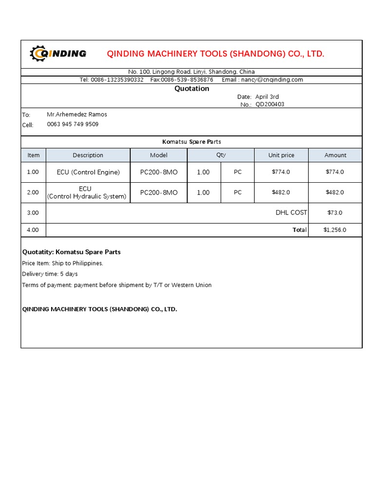 Komatsu Spare Parts Quotation | PDF