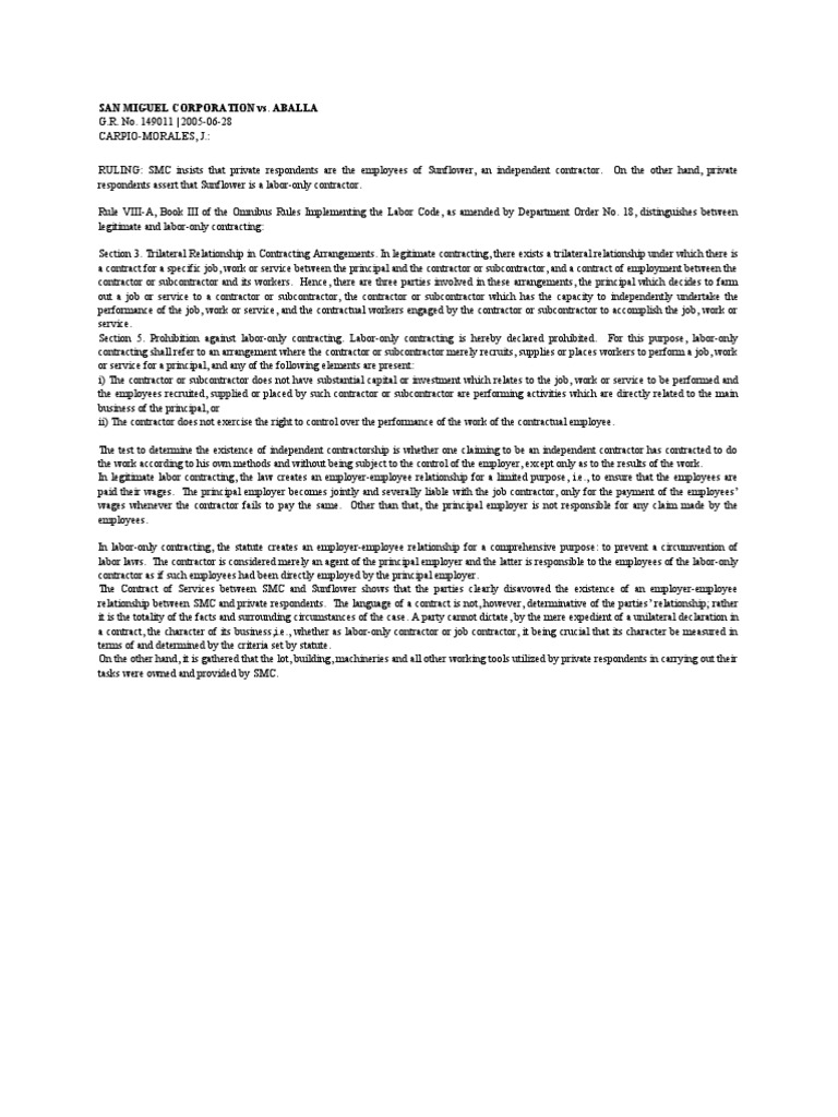 SMC vs. Aballa: Labor Contracting Dispute | PDF | Independent ...