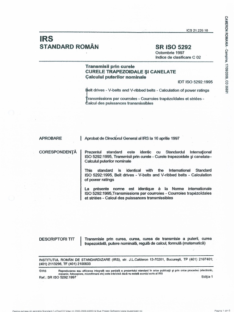 ISO 5292 - Belt Drives - Power Rating | PDF