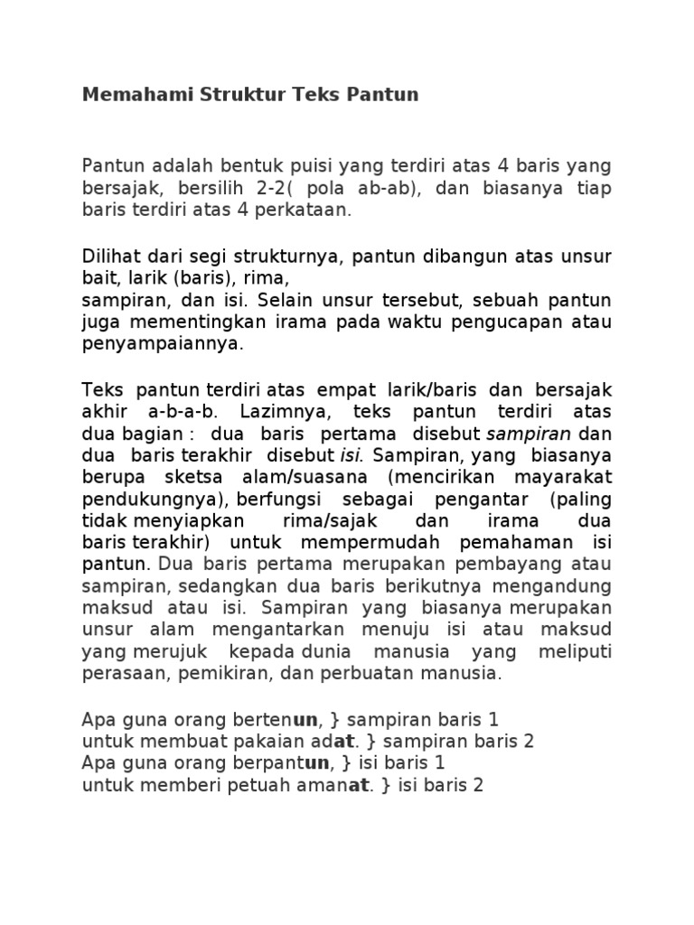 Struktur dan Ciri Pantun 4 Baris | PDF | Seni & Disiplin Bahasa | Puisi