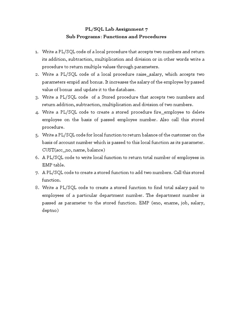 PL/SQL Lab Assignment 7 Sub Programs: Functions and Procedures | PDF | Pl/Sql | Subroutine