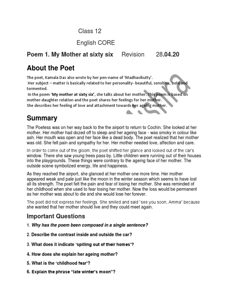 Class 12 English Revision Flamingo Poem 1.my Mother at 66 | PDF