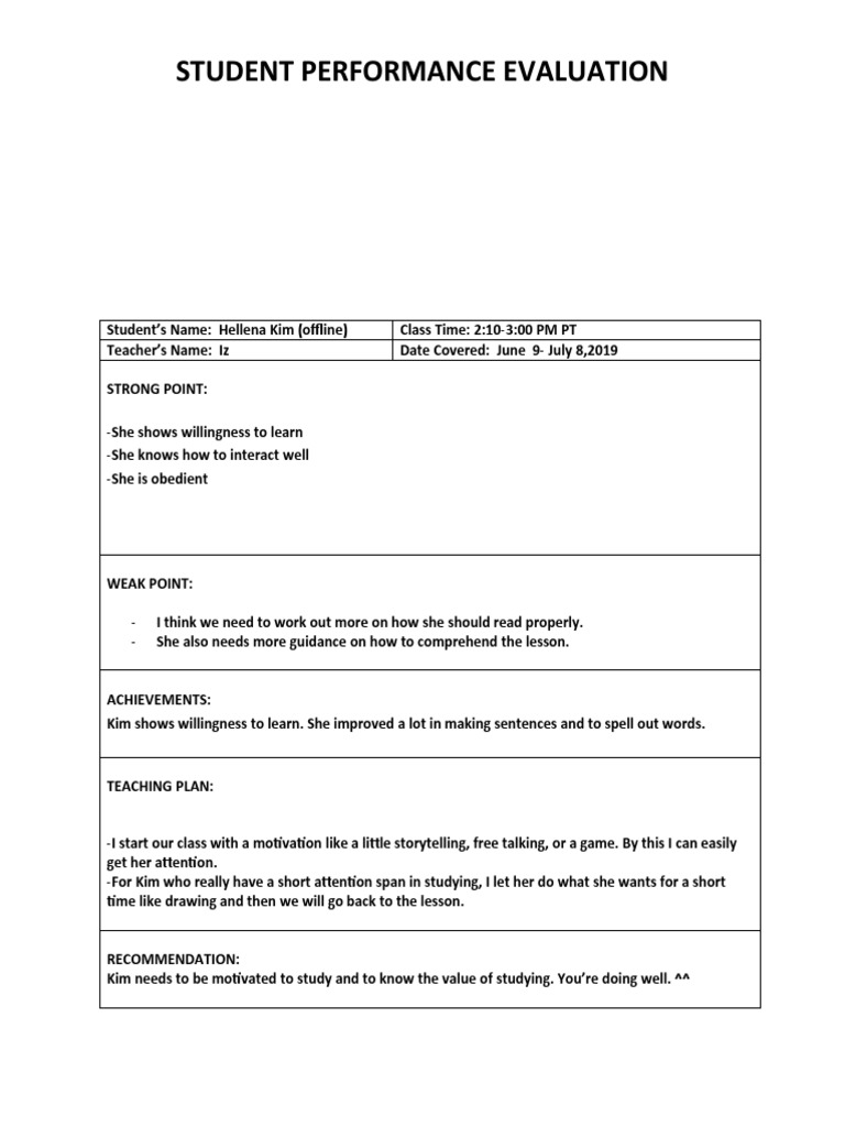 Student Performance Evaluation | PDF | Reading Comprehension | Teaching