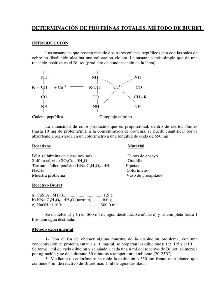 Determinación de Proteínas Totales. Método de Biuret PDF | PDF ...