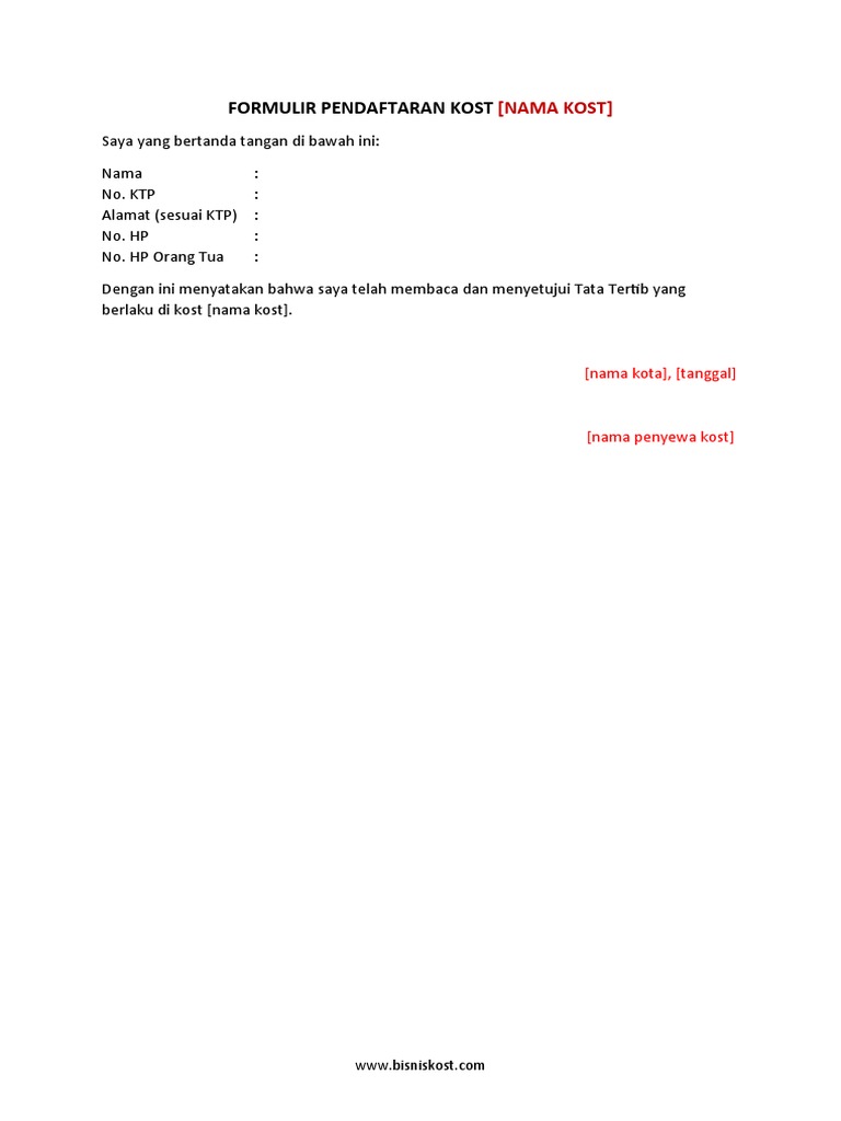 Contoh Formulir Pendaftaran Kost | PDF