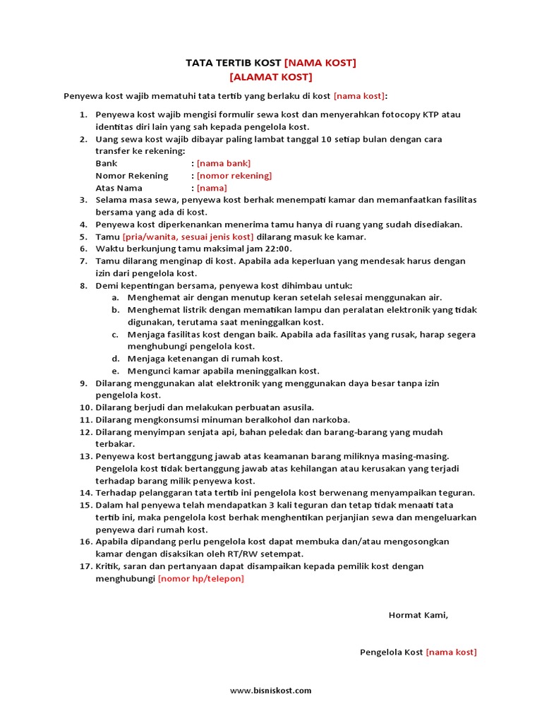 Contoh Peraturan Kost / Tata Tertib Kost | PDF