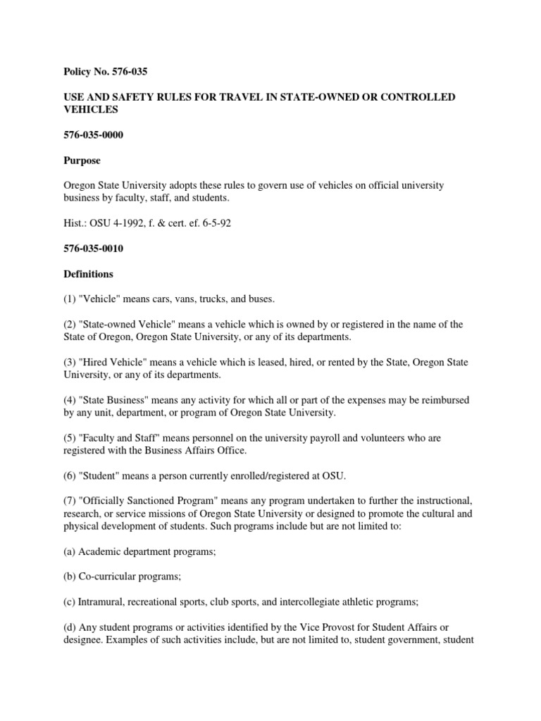 Policy No. 576-035 Use and Safety Rules For Travel in State-Owned or ...