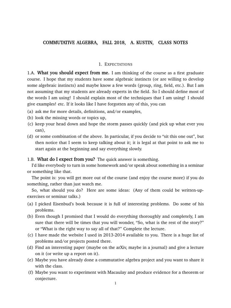 Commutative Algebra Class Notes | PDF | Module (Mathematics) | Ring ...