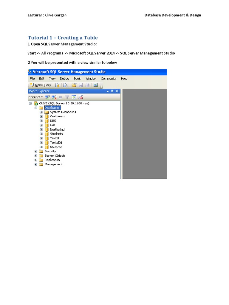 Tutorial 1 - Creating A Table: Lecturer: Clive Gargan Database ...