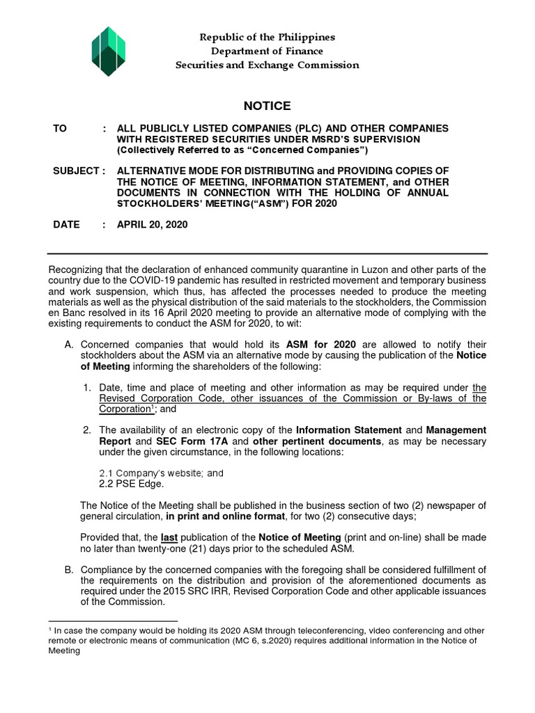 SEC Notice - Re - ASM 2020 | Download Free PDF | U.S. Securities And ...