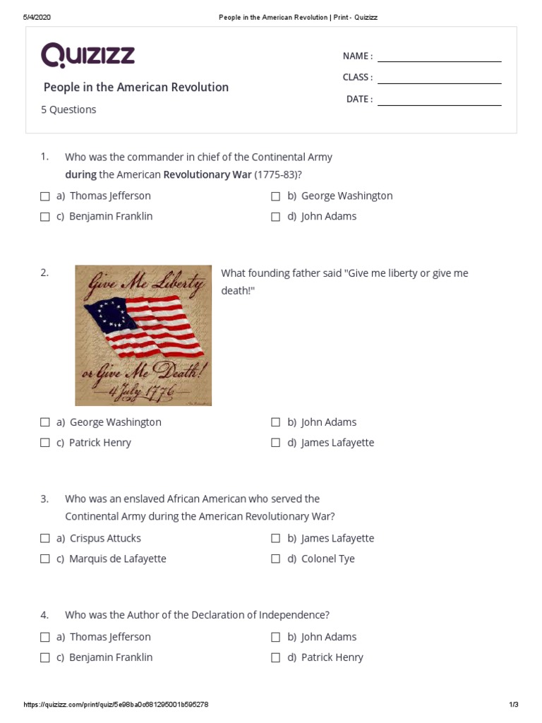 American Revolution Quiz Questions | PDF | Patriot (American Revolution ...