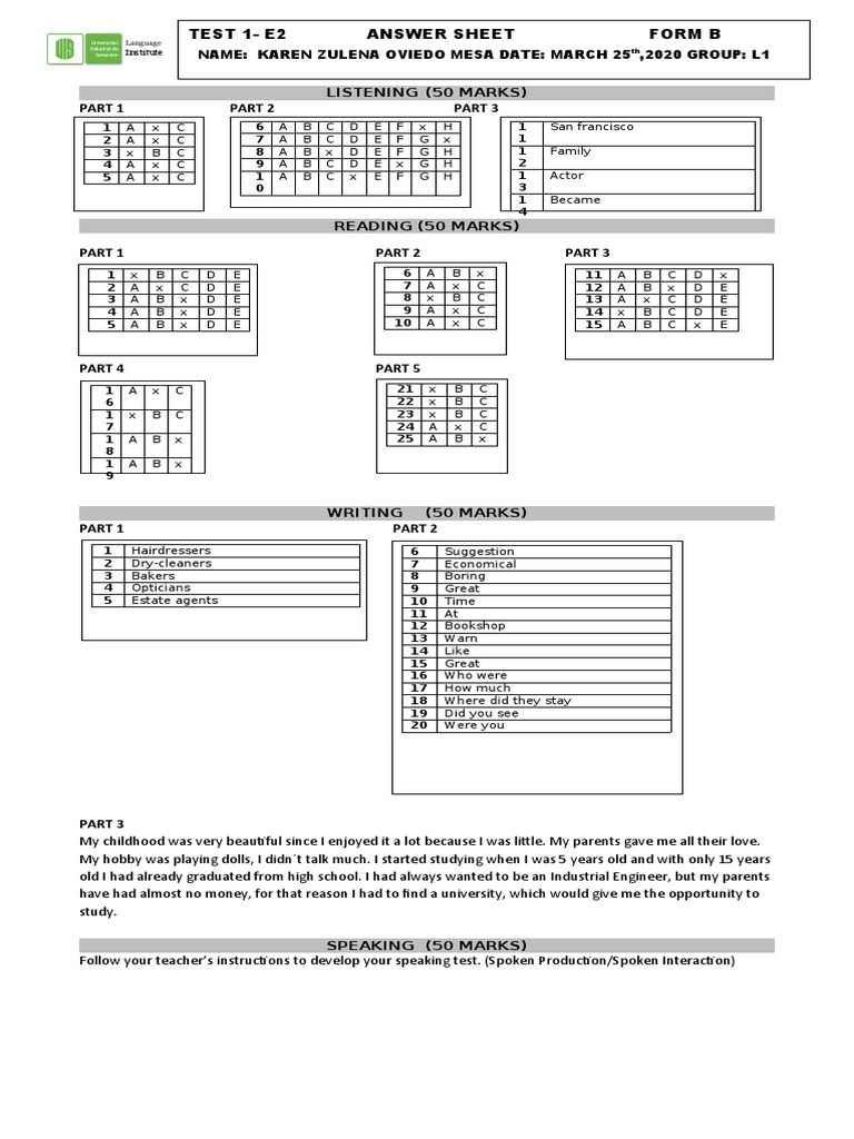 Test 1-E2 Answer Sheet Form B: Listening (50 Marks) | PDF | Learning ...