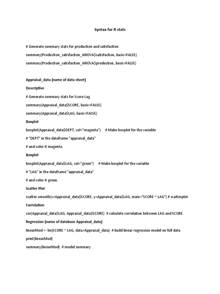 Syntax For R Stats: Appraisal - Data (Name of Data Sheet) Descriptive ...