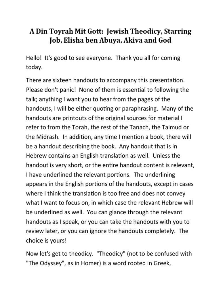 Jewish Theodicy: A Din Toyrah Discussion | PDF | Book Of Job | Talmud