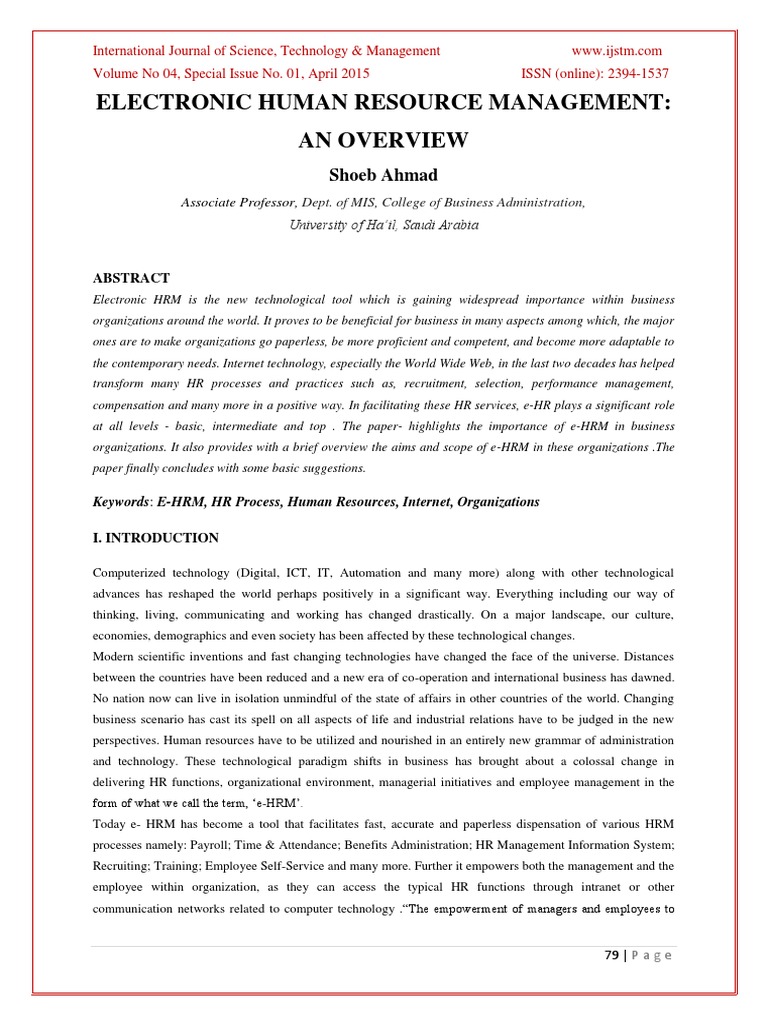 Electronic Human Resource Management: An Overview: Shoeb Ahmad | PDF ...
