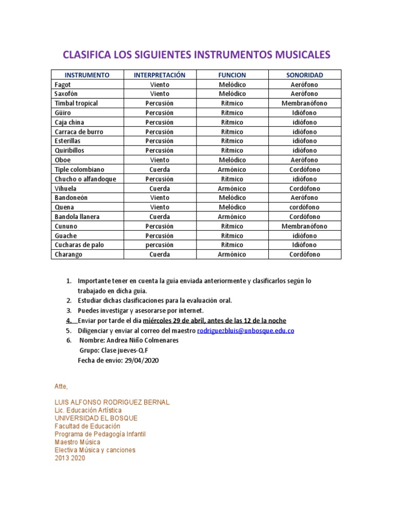 Clasifica Los Siguientes Instrumentos Musicales | PDF | Instrumentos ...