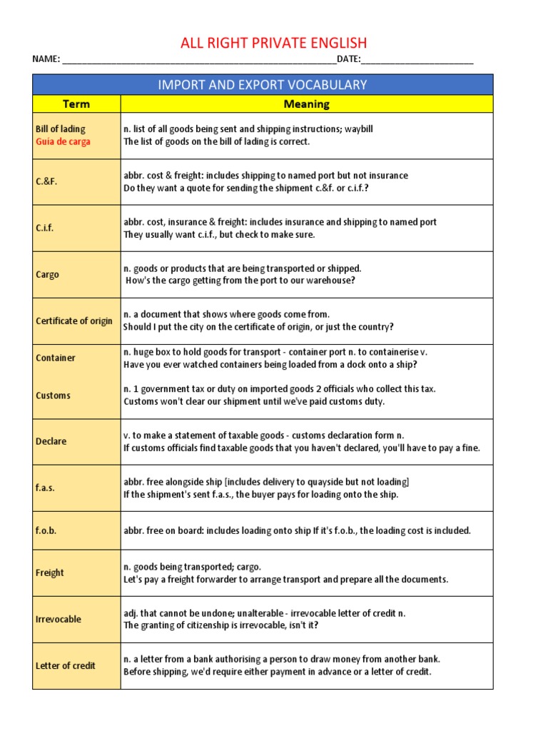 Import and Export Vocabulary | PDF | Bill Of Lading | Cargo
