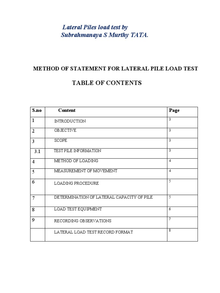 Lateral Pile Load Test Method Statement | PDF | Deep Foundation | Beam ...