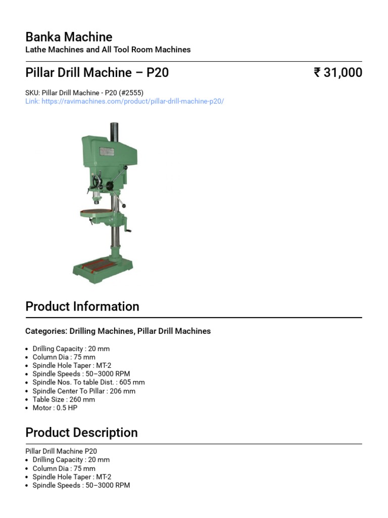 Banka Pillar Drill Machine P20 Overview | PDF | Drill | Machining