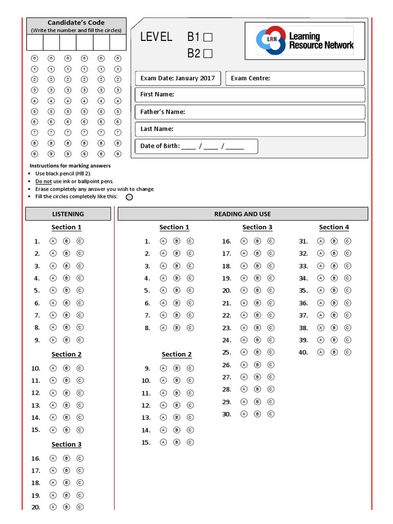 LRN Computerised Answer Sheet B1 B2 | PDF | Qualifications ...