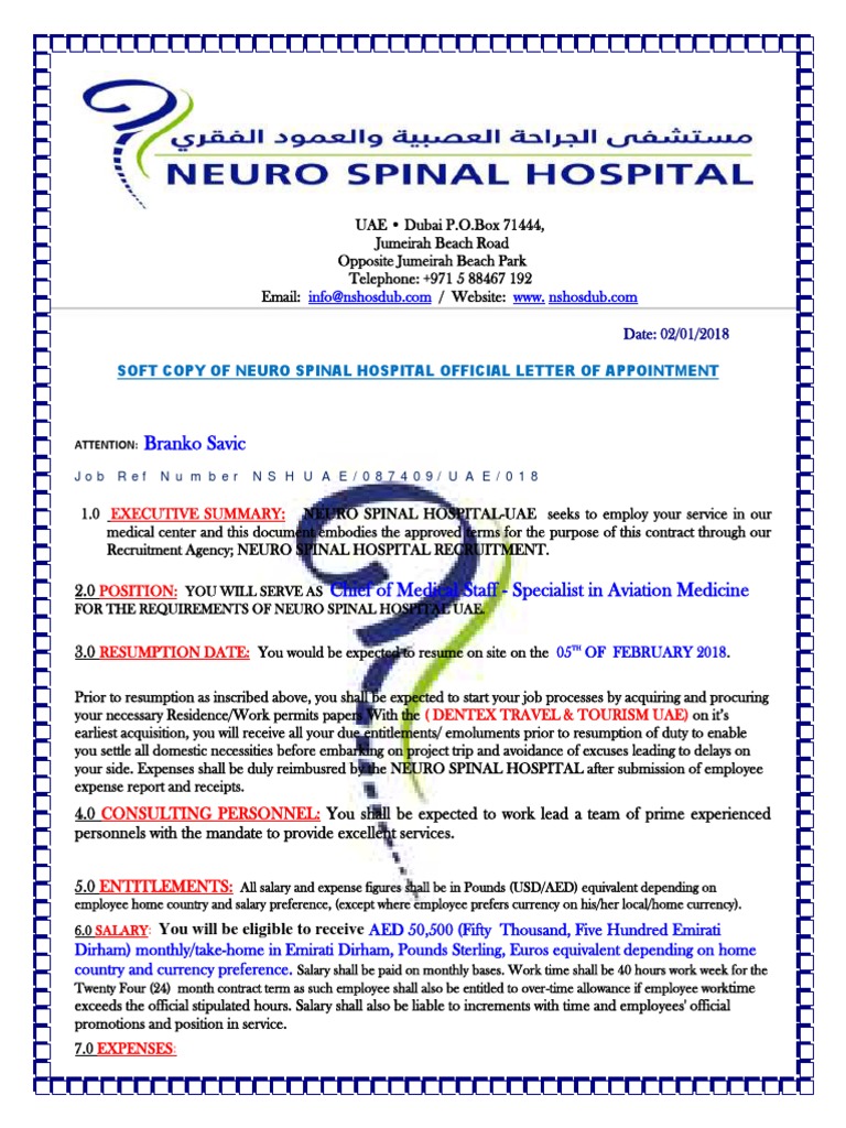 Neuro Spinal Hospital Job Offer Letter | PDF | United Arab Emirates ...