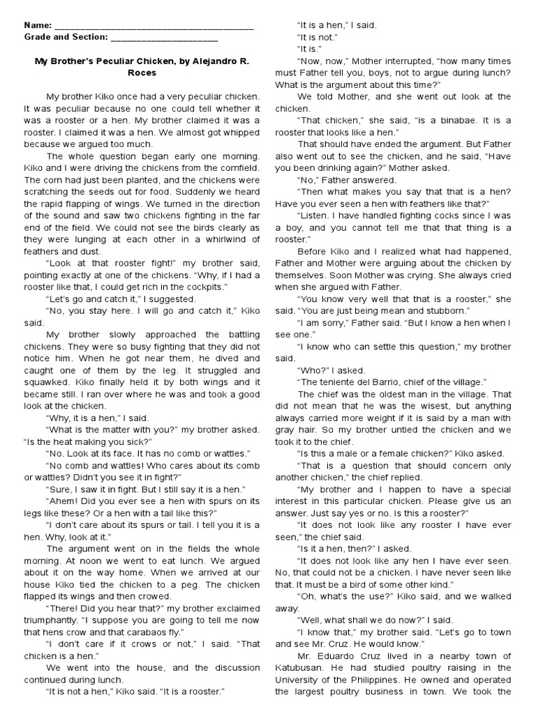 My Brother's Peculiar Chicken, by Alejandro R. Roces | PDF | Rooster ...