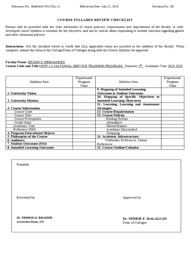 F Course Syllabus Checklist | PDF | Education Theory | Test (Assessment)