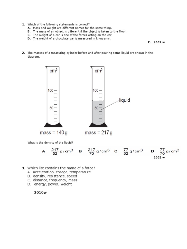 TOPIC 1 Mass, Weight, Density and Volume | PDF | Density | Weight