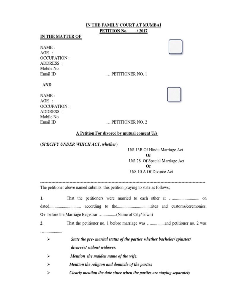 Mutual Consent Divorce Petition Format | PDF | Divorce | Marriage