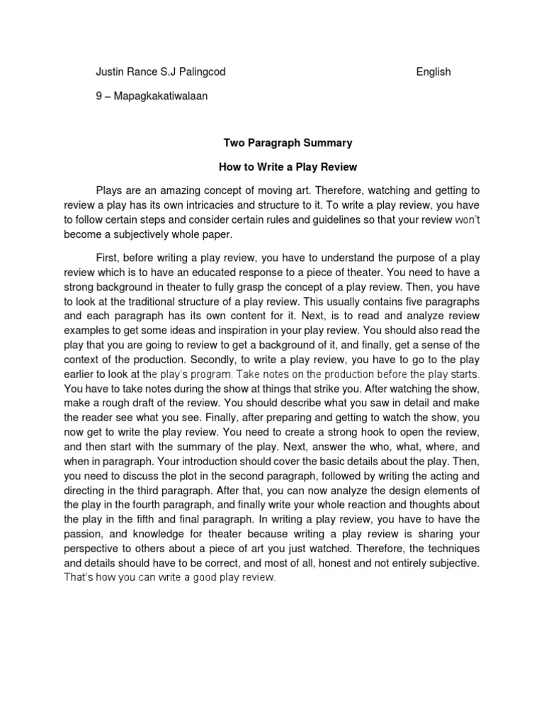 Two-Paragraph Summary How To Write A Play Review | PDF | Psychological ...