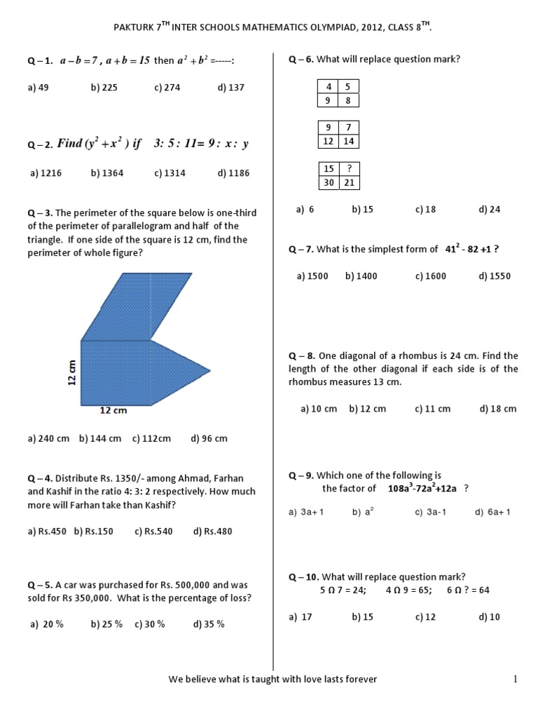 7th National ISMO Class 8 Question Paper | PDF | Geometry | Elementary ...
