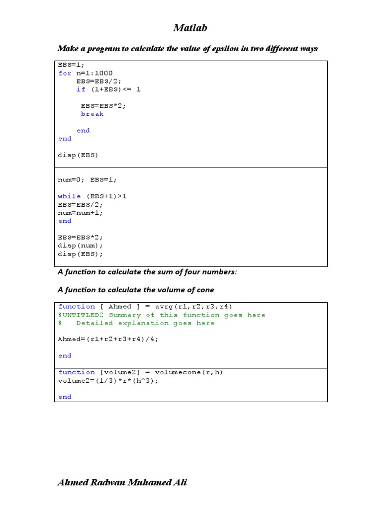 Matlab: Make A Program To Calculate The Value of Epsilon in Two Different Ways | PDF | Summation ...