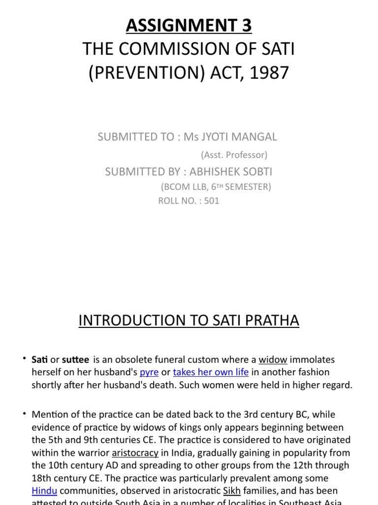 The Commission of Sati (Prevention) Act, 1987: Assignment 3 | PDF | Justice | Crime & Violence