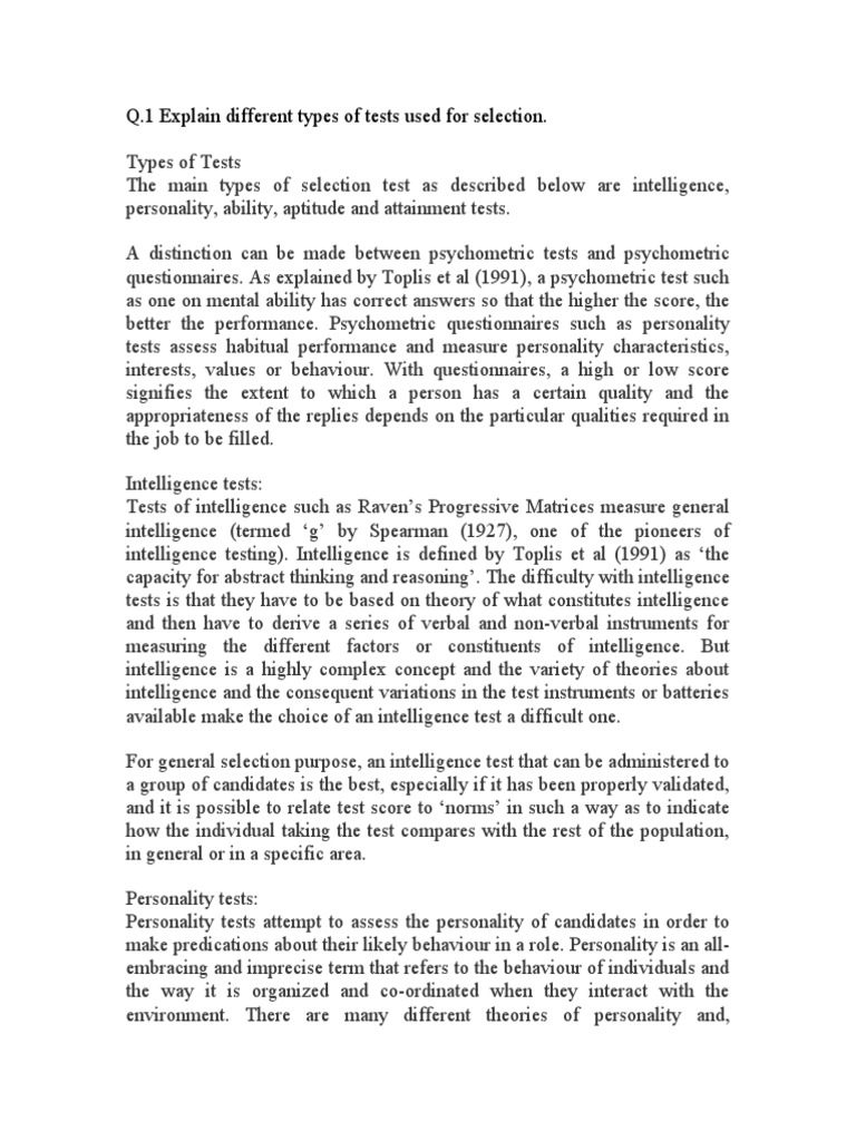 Q.1 Explain Different Types of Tests Used For Selection | Download Free ...
